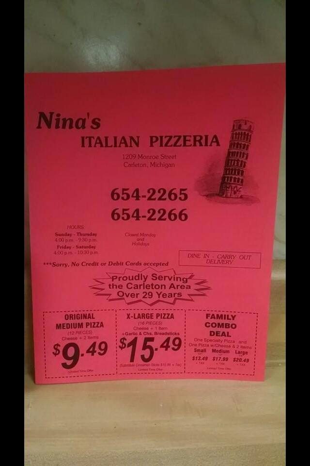 Menu at Nina's Italian Pizza pizzeria, Carleton