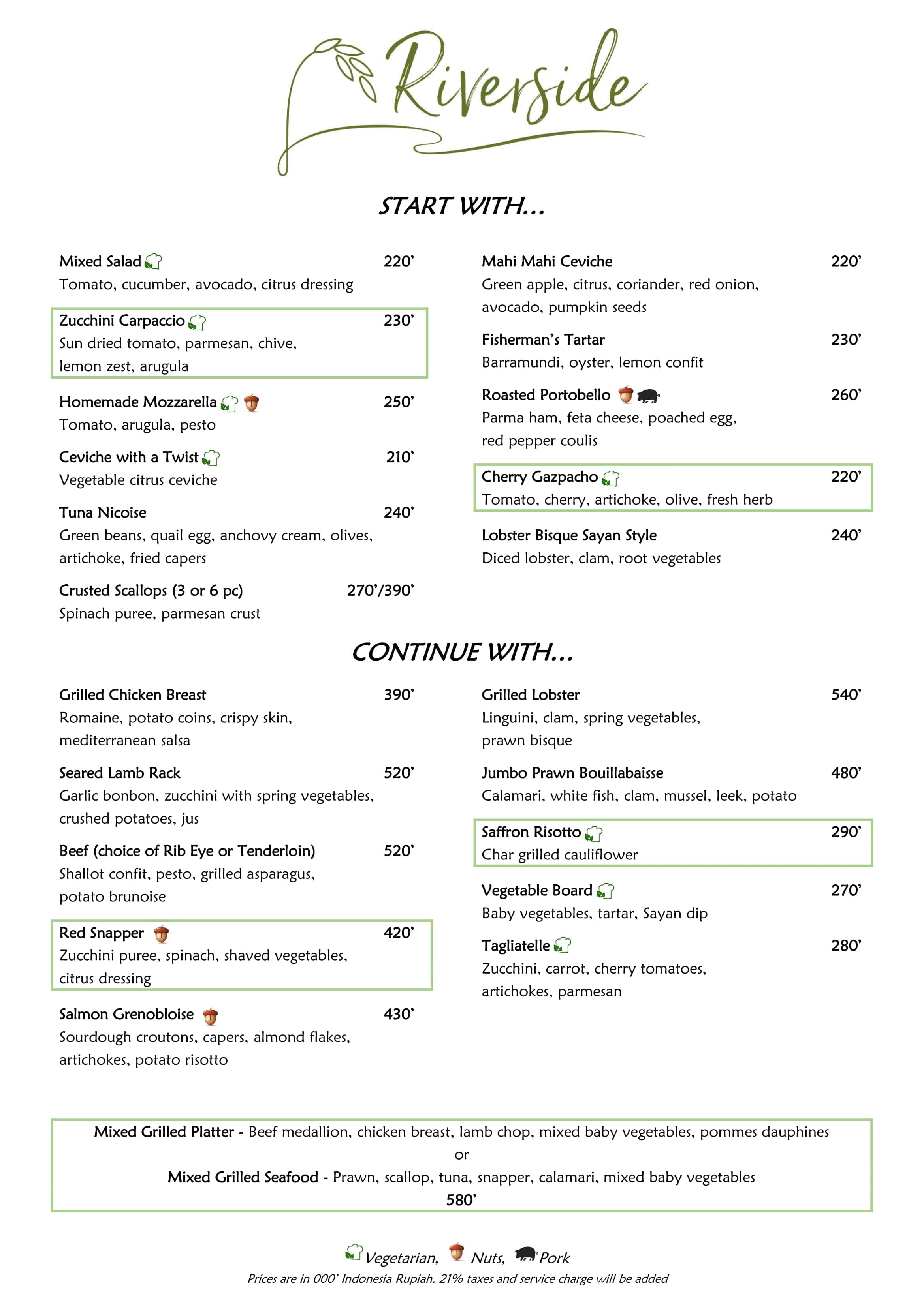 Menu at Riverside Restaurant, Peliatan, Jl. Raya Sayan