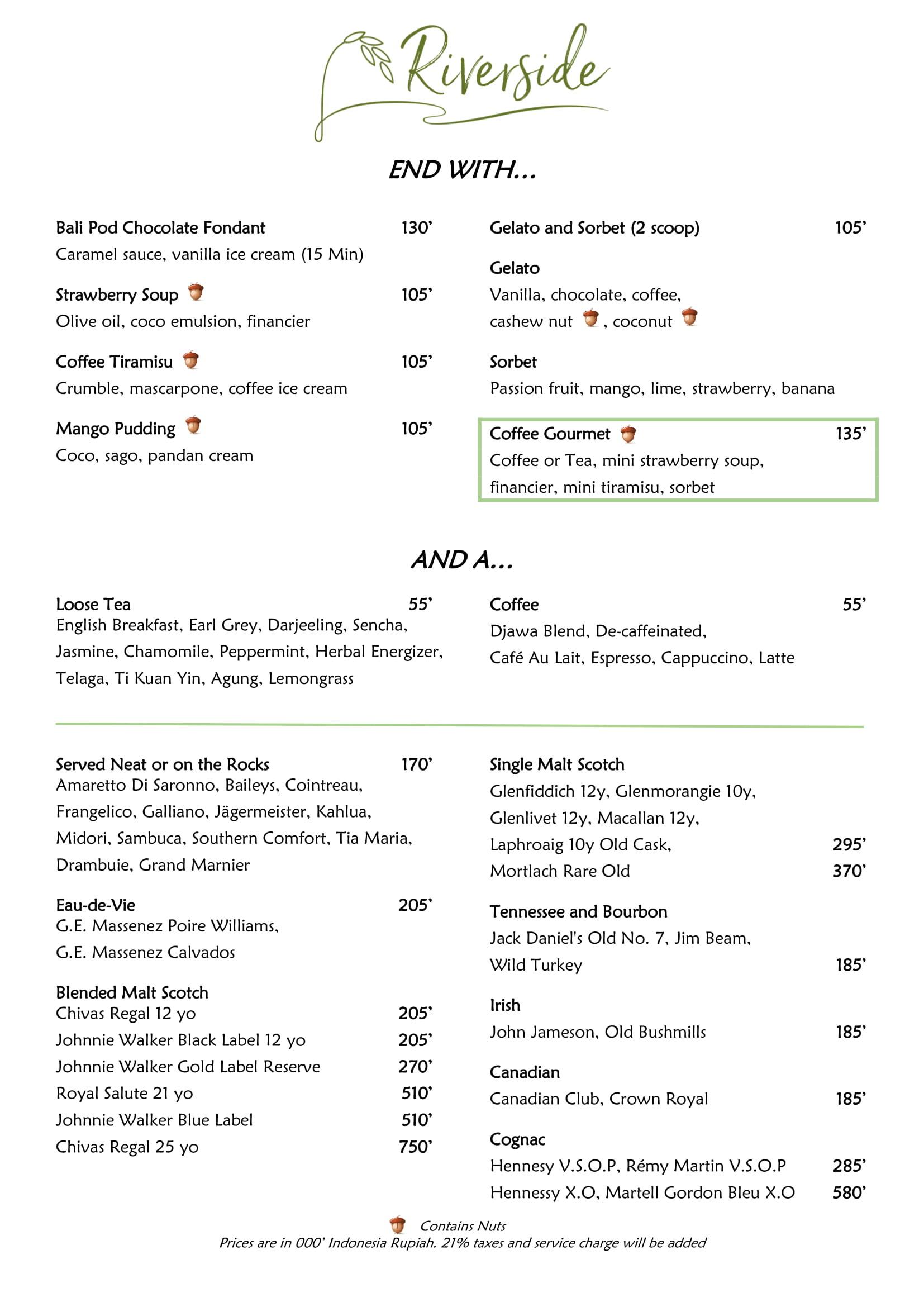 Menu at Riverside Restaurant, Peliatan, Jl. Raya Sayan