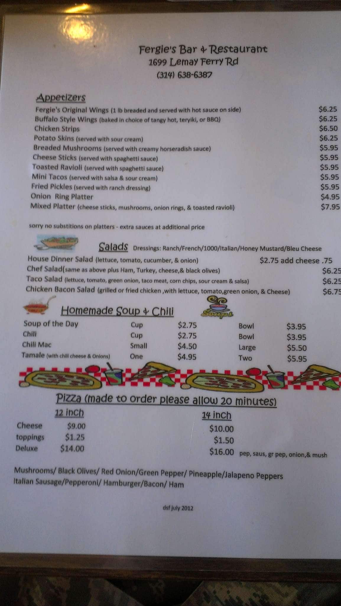 Menu at Fergie's Bar & Restaurant, Lemay