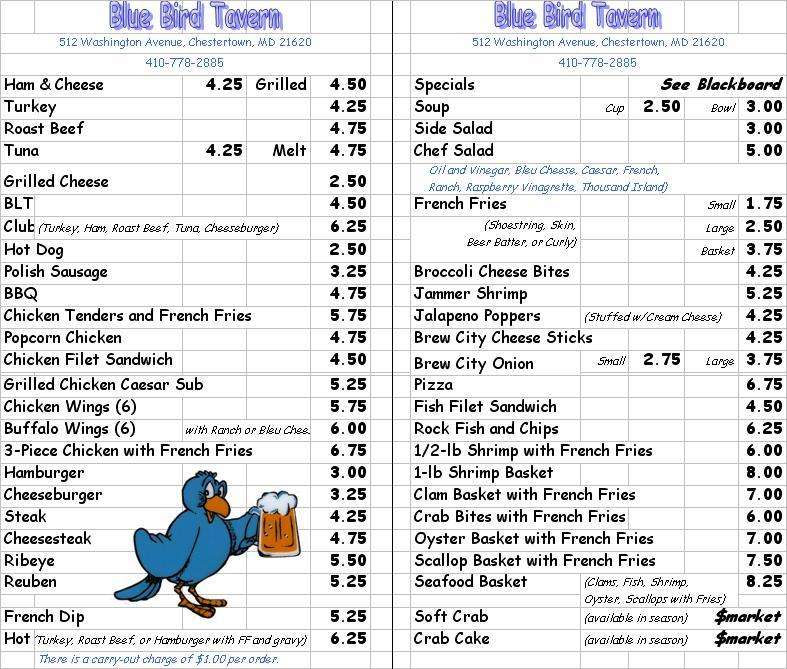 Menu at Blue Bird Tavern pub & bar, Chestertown