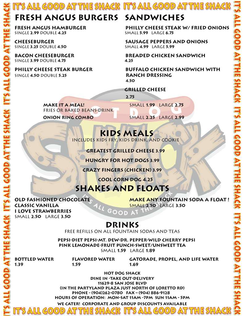 Menu at Hot Dog Shack restaurant, Jacksonville