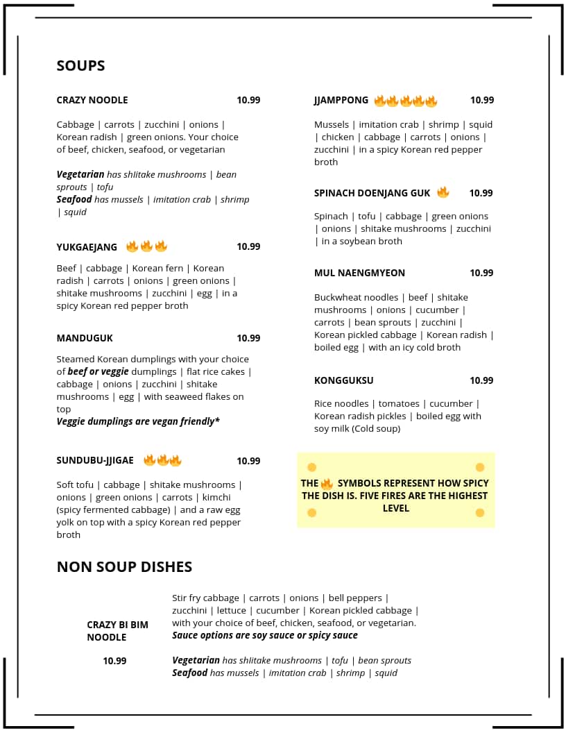 Menu at The Crazy Noodle restaurant, Memphis