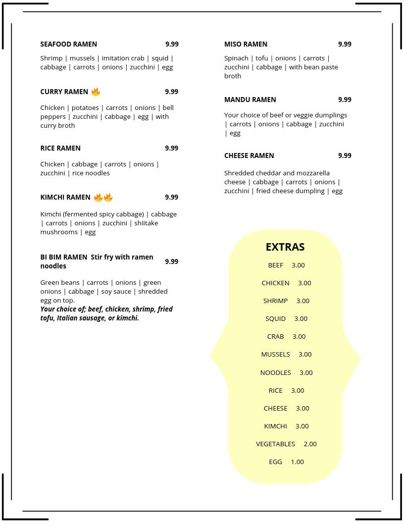 Menu at The Crazy Noodle restaurant, Memphis