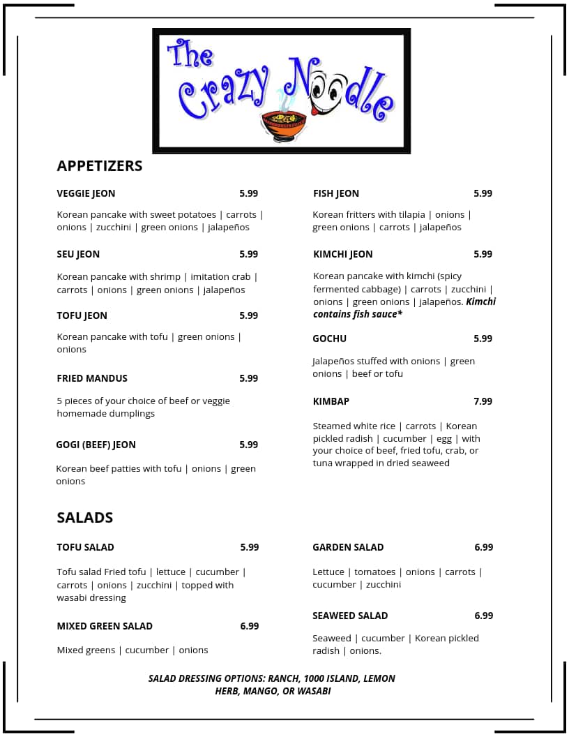 Menu at The Crazy Noodle restaurant, Memphis
