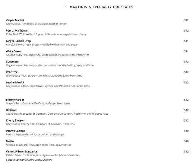 Menu at Victor's restaurant, Provincetown