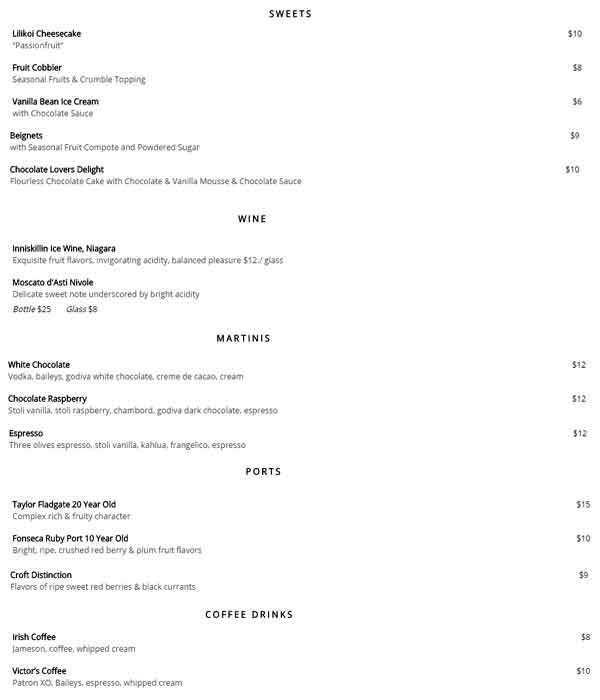 Menu at Victor's restaurant, Provincetown