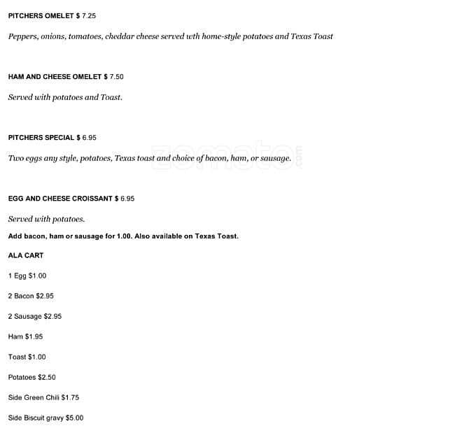 Menu at Pitchers Sports Restaurant, Aurora