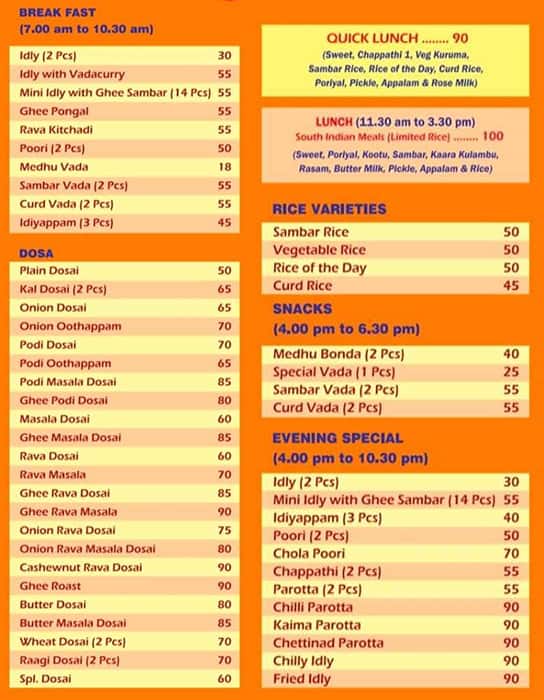 Menu of Shri Sai Bhavan, Madipakkam, Chennai