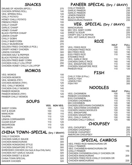 Menu of Chinese Hut, East of Kailash, New Delhi