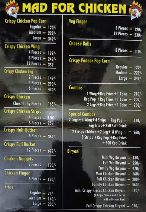 Menu at Mad For Chicken, Hyderabad