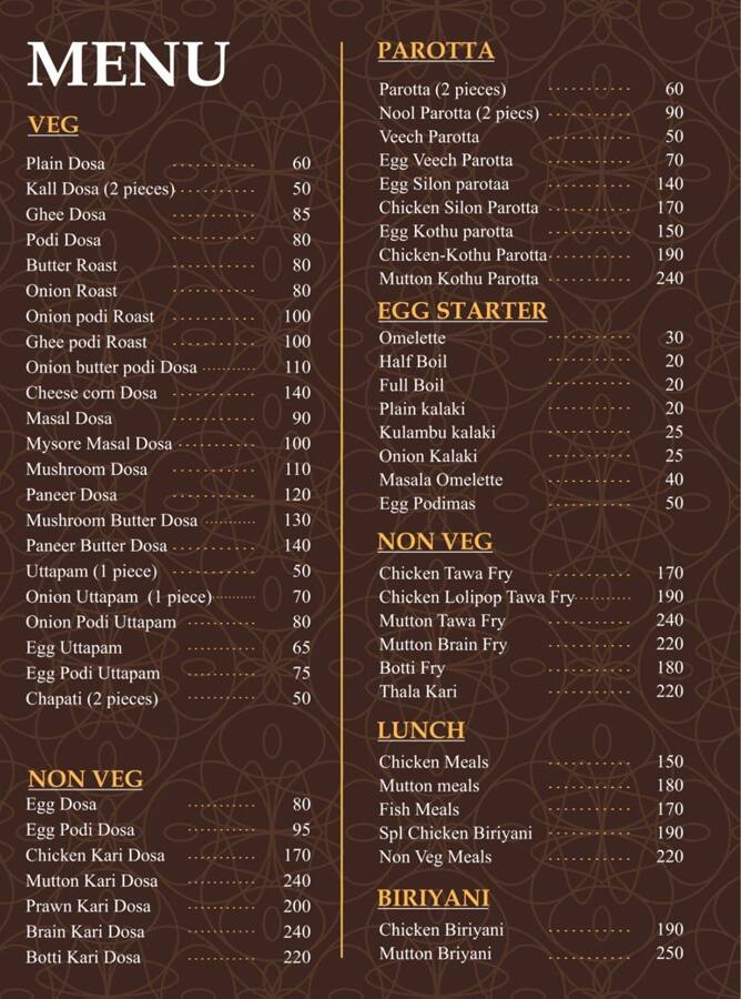 Menu of TN-29's Kari Dosa, Injambakkam, Chennai