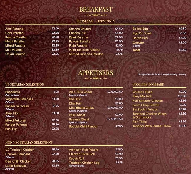 Menu at Poornima restaurant, Southall