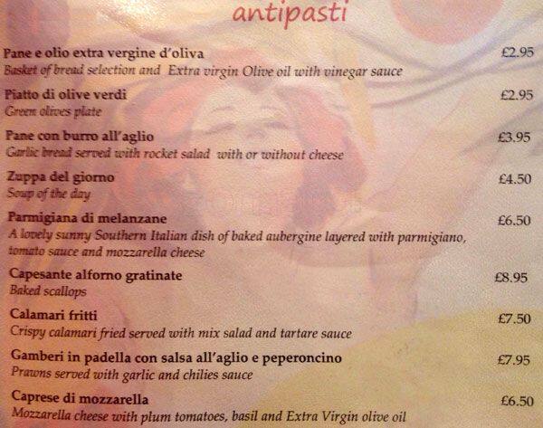 Menu at Osteria Ambrosia restaurant, London