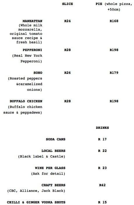 Menu at NY Slice Pizza Kloof Street restaurant, Cape Town, 49 Kloof St