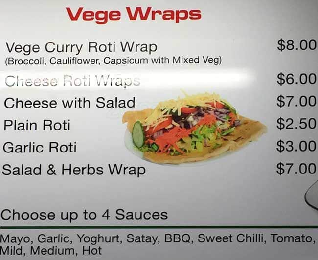 Menu at Roti cafe, Wellington