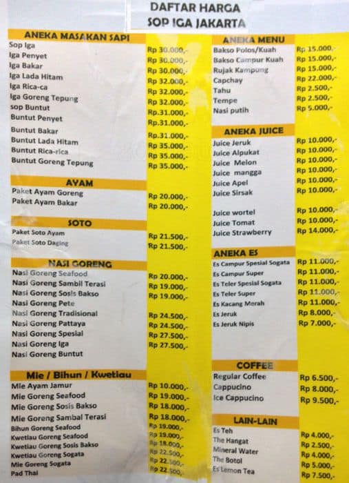 Menu at Sop Iga Jakarta restaurant, Depok, ITC Depok LT 2 Food Court No.