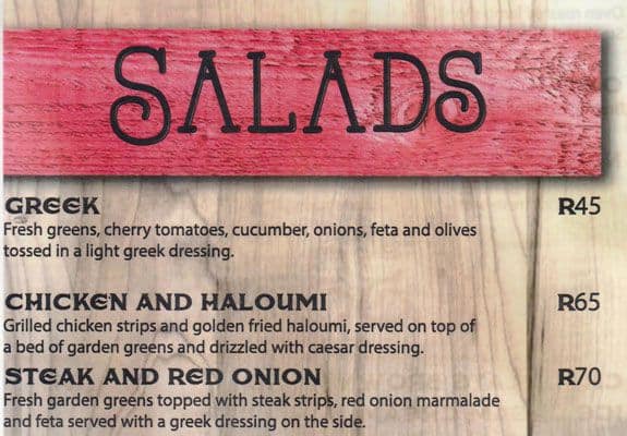 Menu at Steak & Ale restaurant, Umhlanga