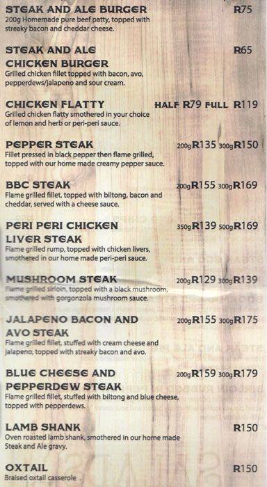 Menu at Steak & Ale restaurant, Umhlanga