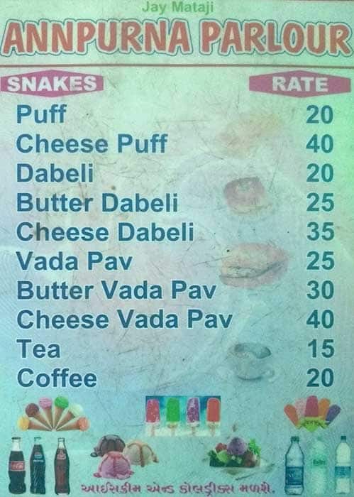 Menu at Annapoorna Parlour, Ahmedabad
