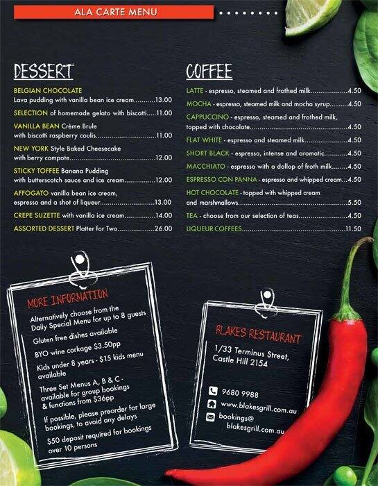 Menu at Blake's Restaurant, Castle Hill