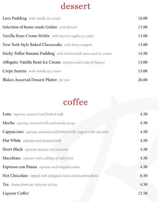Menu at Blake's Restaurant, Castle Hill