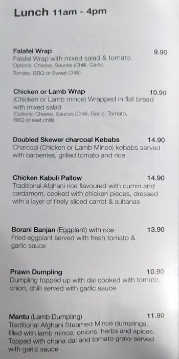 Menu at Ashy's Afghan Restaurant, Ashburton