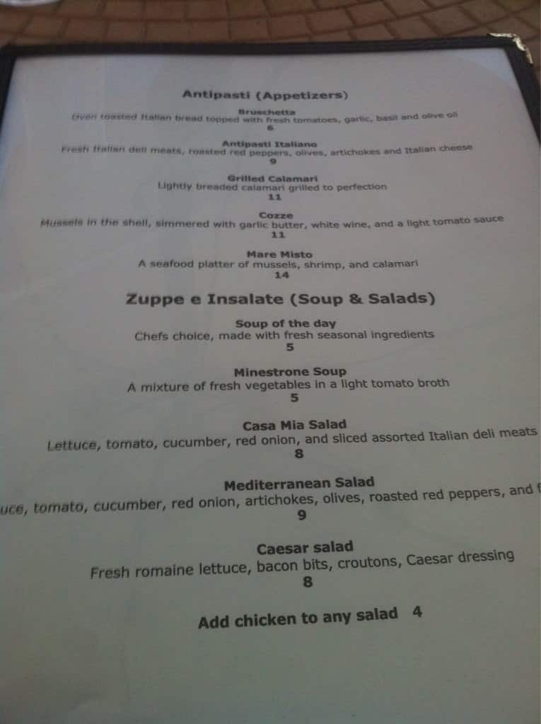Menu at Casa Mia Ristorante restaurant, Lakeshore