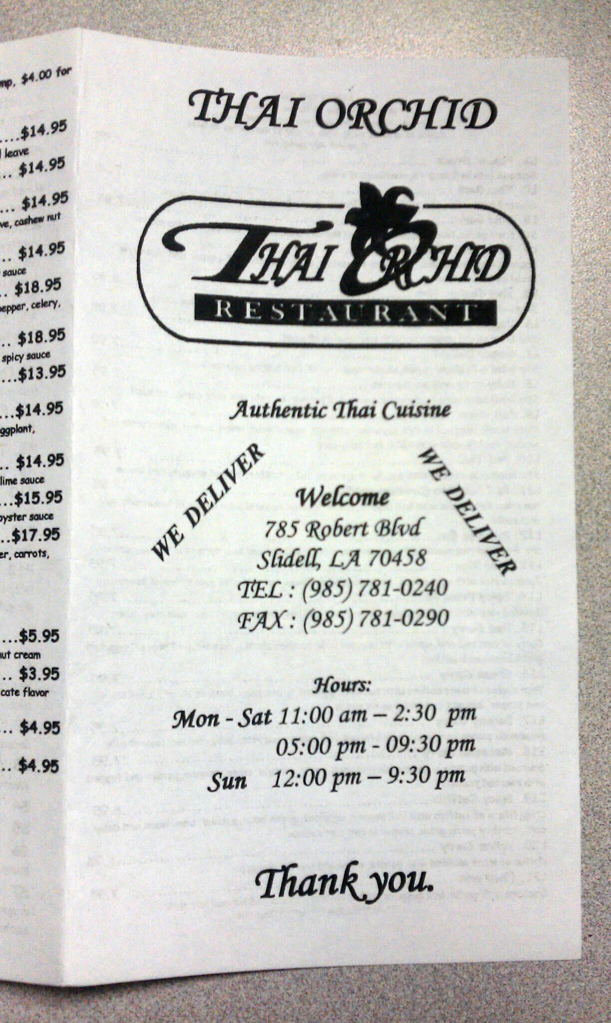 Menu at Thai Orchid restaurant, Slidell