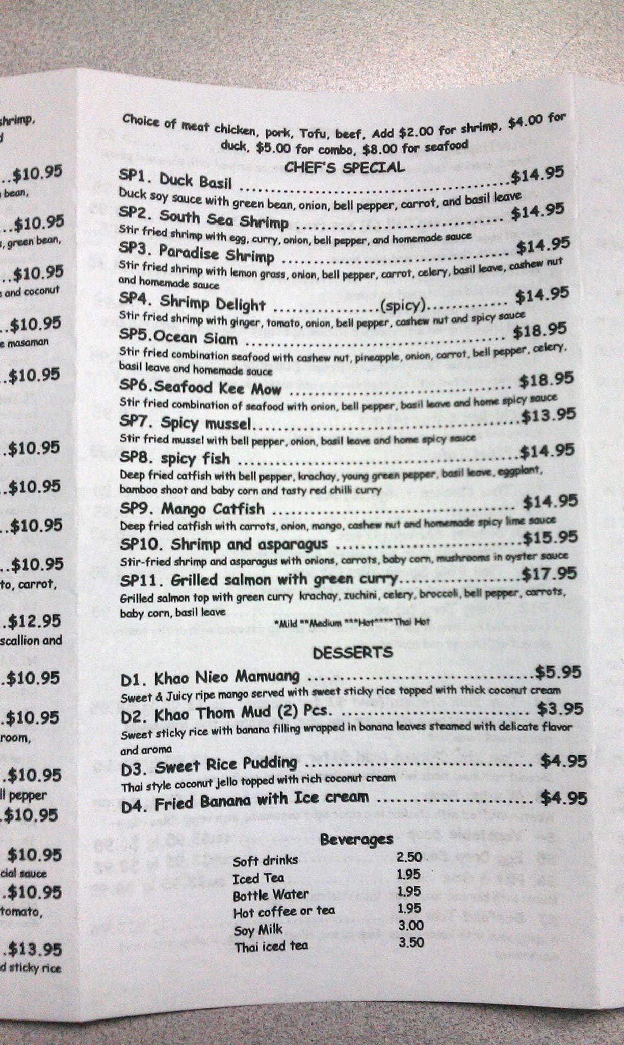 Menu at Thai Orchid restaurant, Slidell