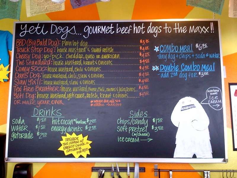 Menu at Yeti Dogs restaurant, Big Sky, Resort