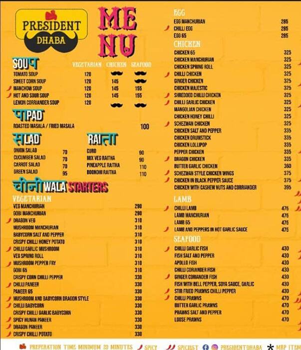 Menu of President Dhaba, Madhapur, Hyderabad
