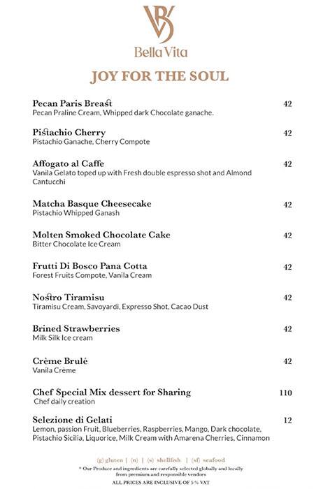 Menu of Bella Vita, Khalifa City, Abu Dhabi