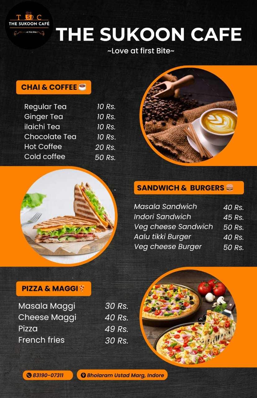 Menu of The Sukoon Cafe, Bhawar Kuan, Indore