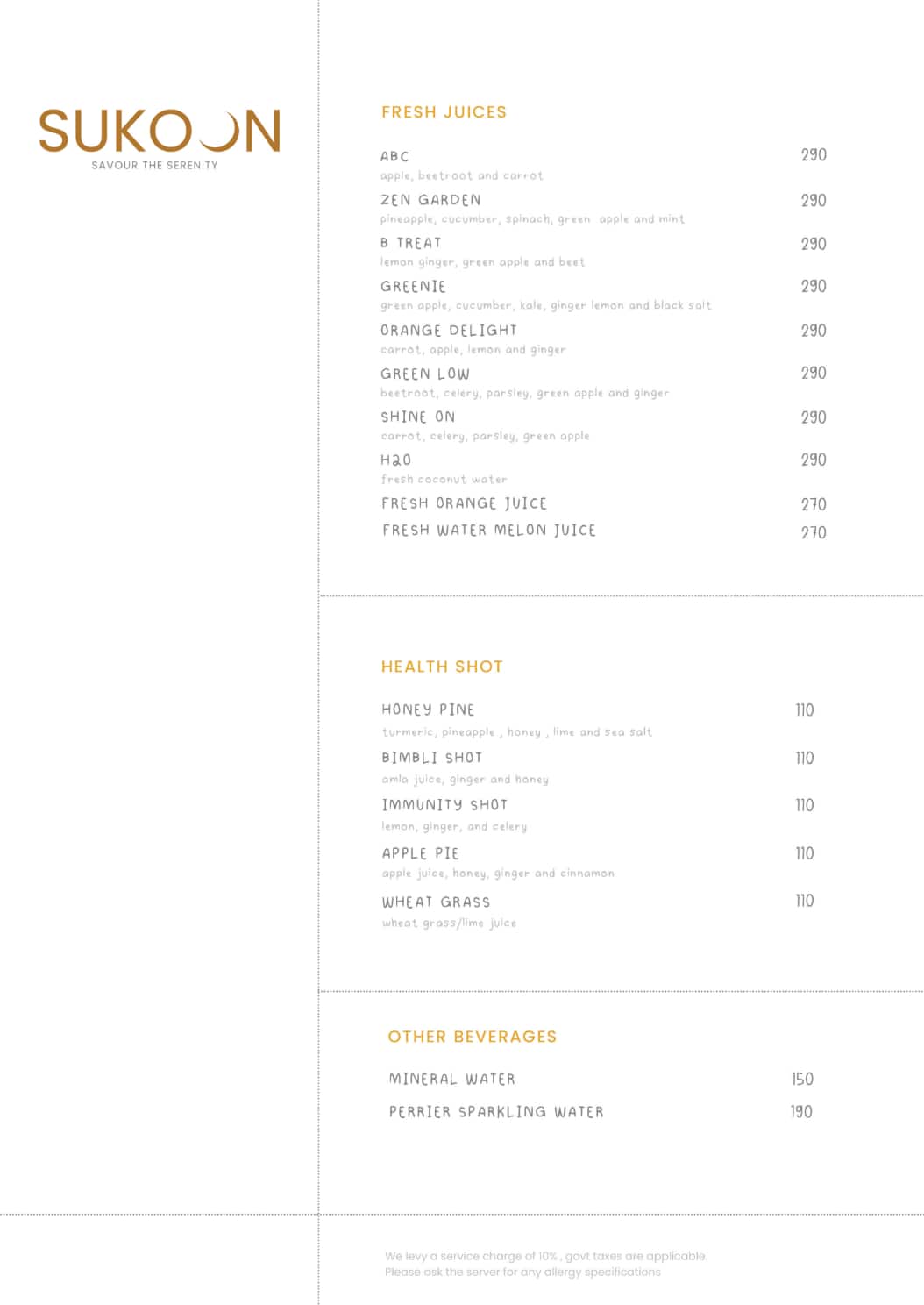 Menu of Sukoon, Carter Road, Bandra West, Mumbai