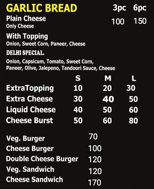 Menu of Delhi Wala Pizza, Sultanpuri, New Delhi