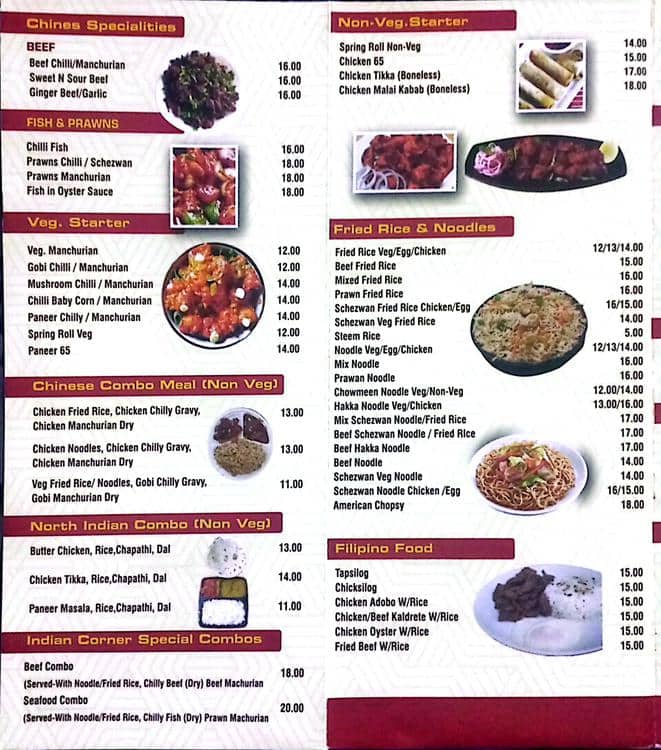 Menu of The Indian Corner, Saif Zone, Sharjah