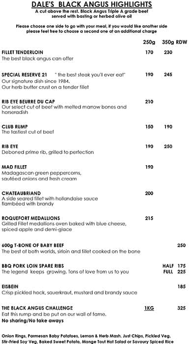 Speisekarte von Dale's Black Angus restaurant, Kapstadt