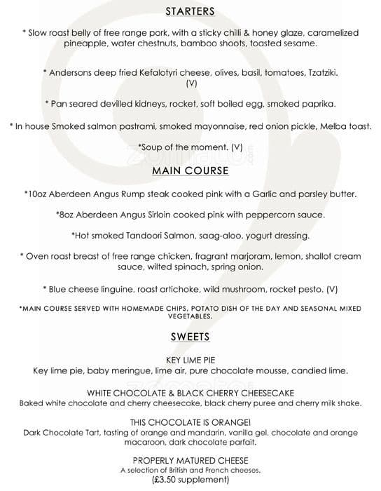 Menu at Anderson's steakhouse, Birmingham, 30 Mary Ann St