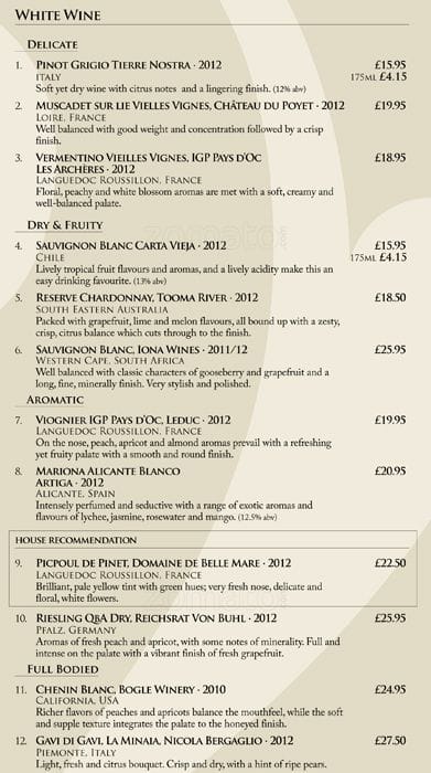 Menu at Anderson's steakhouse, Birmingham, 30 Mary Ann St