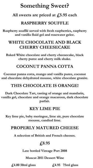 Menu at Anderson's steakhouse, Birmingham, 30 Mary Ann St