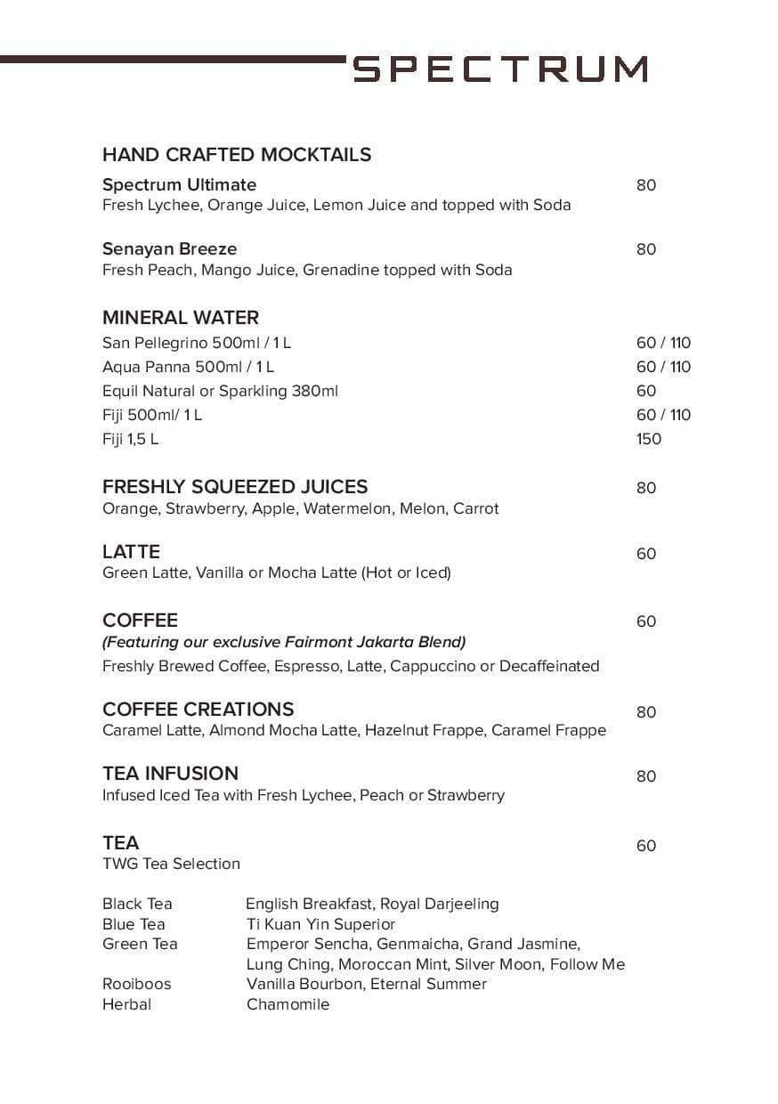 Carta del restaurante Spectrum, Yakarta, Fairmont Jakarta
