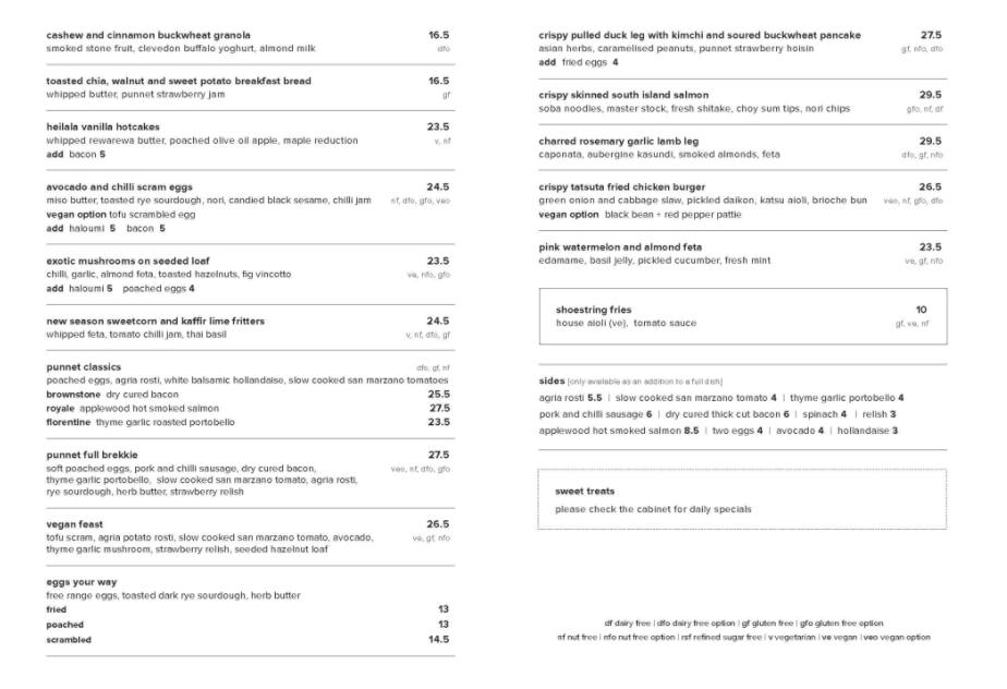 Menu at Punnet cafe, Tamahere
