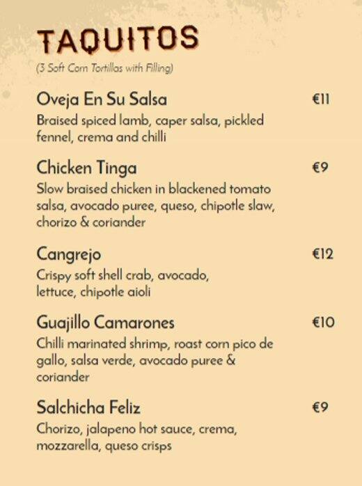 Menu at Xico pub & bar, Dublin