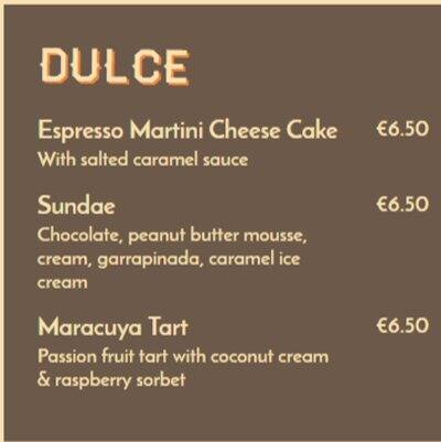 Menu at Xico pub & bar, Dublin