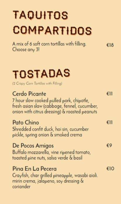 Menu at Xico pub & bar, Dublin