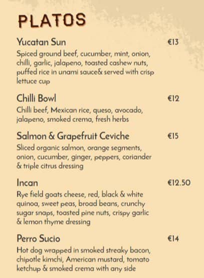 Menu at Xico pub & bar, Dublin