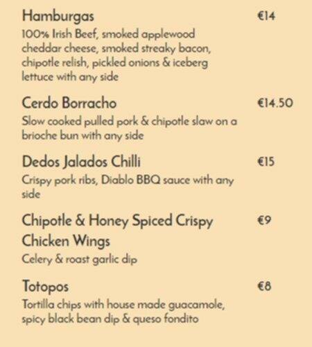 Menu at Xico pub & bar, Dublin