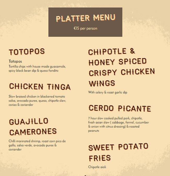 Menu at Xico pub & bar, Dublin