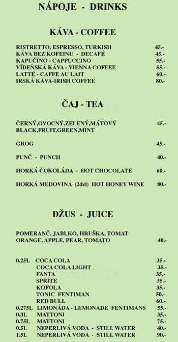 Menu at U Zavěšenýho Kafe restaurant, Prague, Loretánská 179